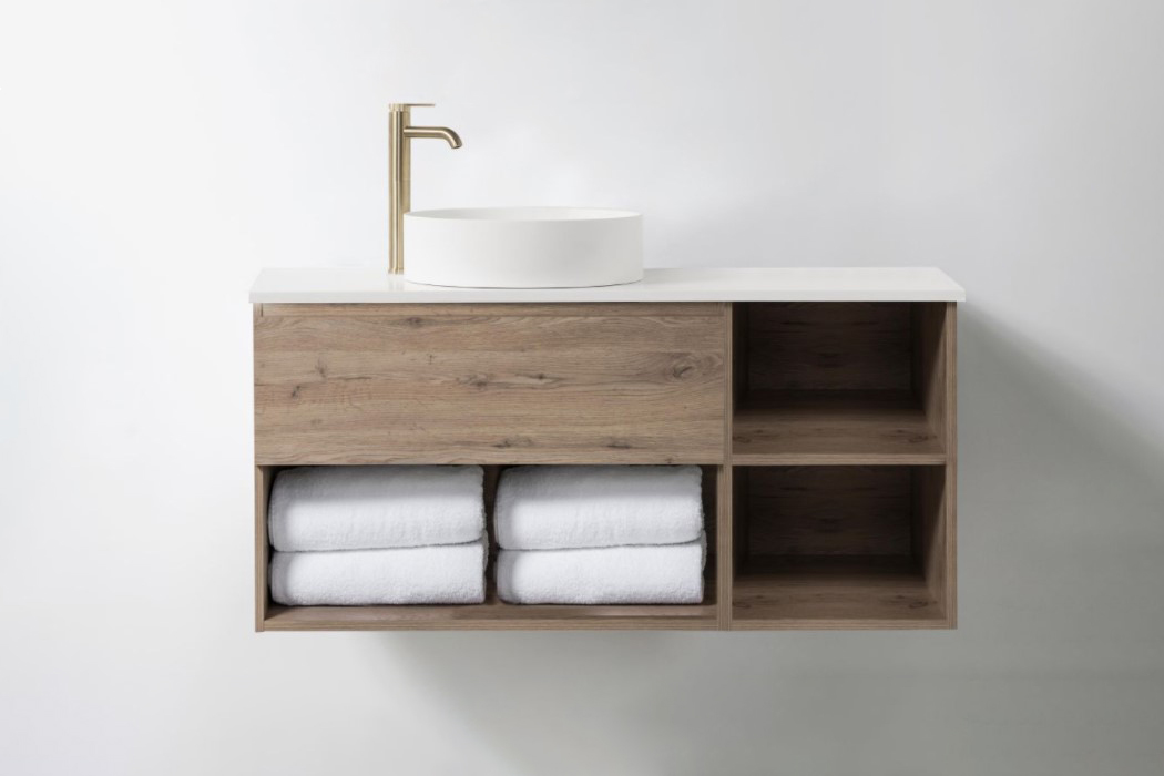 Soft Solid Surface Wall Hung Vanity + Open Shelf Module | Vanities ...