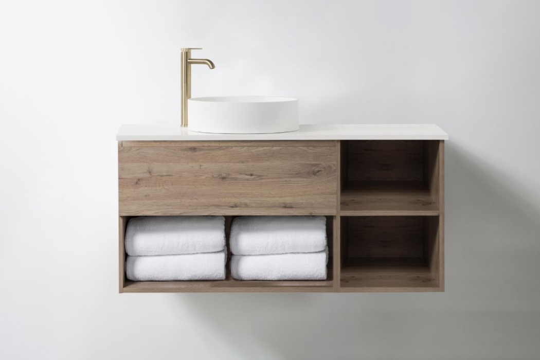 Soft Solid Surface Wall Hung Vanity + Open Shelf Module | Vanities ...