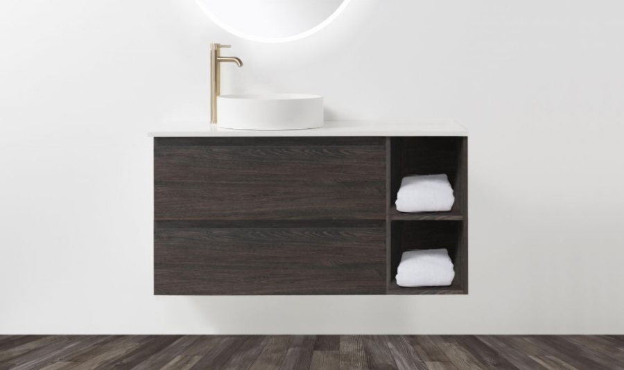 Soft Solid Surface Wall Hung Vanity + Open Shelf Module | Vanities ...